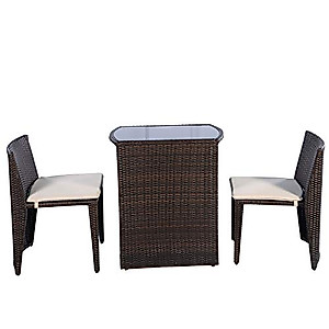 Casart 3 Pieces Wicker Patio Set Outdoor Dining Table W/Glass Top Coffee Table and 2 Wicker Chairs for Lawn, Garden Convention Bistro Set