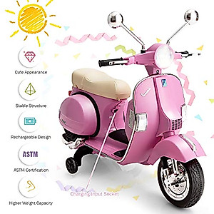 Costzon Kids Vespa Scooter, 6V Rechargeable Ride on Motorcycle w/Training Wheels, Key Switch, Music Horn Lights, Forward/Reverse, ASTM Certification, Gift for Children Boys Girls (Pink)