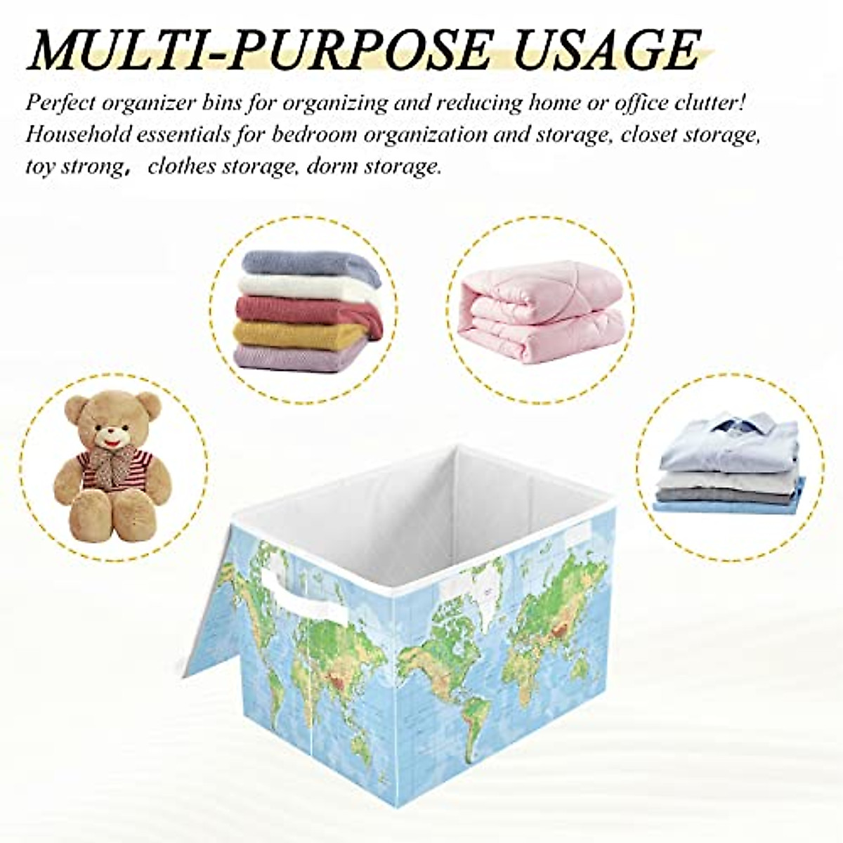 World Map Storage Basket 16.5x12.6x11.8 In Collapsible Fabric Storage Cubes Organizer Large Storage Bin with Lids and Handles for Shelves Bedroom Closet Office