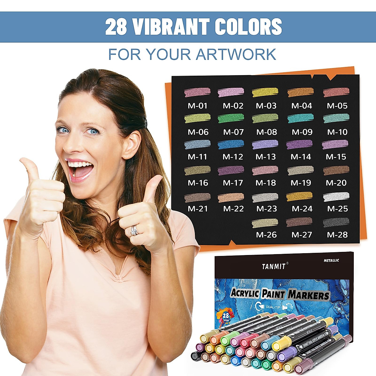 28 Metallic Colors Acrylic Paint Markers, Dual Tip Acrylic Paint Pens for Rock Painting, Black Paper, Wood, Canvas, Stone, Glass, Ceramic, DIY Crafts Making Art Supplies (Brush Tip and Round Tip)
