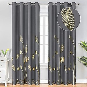 Estelar Textiler Blackout Curtains & Drapes 84 Inches Length 2 Panels Set for Living Room with Gold Palm Leaf Drapes for Bedroom, 52Wx84L, Dark Grey, 1Pair