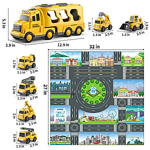TEMI Construction Truck Toys Car for 3 4 5 6 Year Old Toddlers Boys, 7-in-1 Carrier Construction Vehicles Toys w/Play Mat, Car Toys Set for Kids Girls Christmas Birthday Gifts
