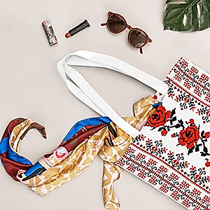 VACSAX Canvas Tote Bag for Women Reusable Shopping Bags Ukrainian Embroidery Style Rose Print Shoulder Handbag Aesthetic Totes for Grocery