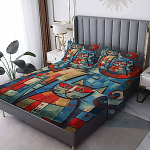 Cat Sheets Full Size, Oil Painting Bed Sheets, Patterned Bedding Sheets & Pillowcases 4 Piece Set - Soft Microfiber Deep Pocket Fitted Sheet & Flat Sheet & 2 Pillow Cases P3&-284