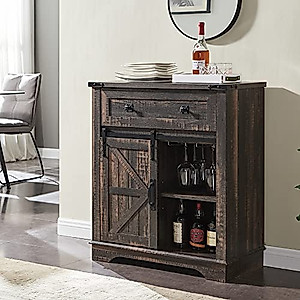 OKD Farmhouse Coffee Bar Cabinet, 32" Sliding Barn Door Buffet Sideboard Cabinet with Drawer, Adjustable Storage Shelves, Wooden Accent Cabinet for Kitchen, Living Room, Dining Room(Dark Rustic Oak)