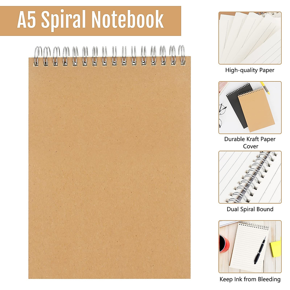 Songaa Spiral Notebook A5 4 Pack - Top Bound Hardcover Spiral Notebook Ruled Lined Journal Notebook Bulk, Kraft Paper Cover College Ruled Spiral Bound Notebook for Student Office School Supplies