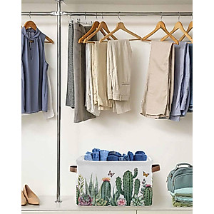 Tropical Cactus Cube Storage Organizer Bins with Handles,15x11x9.5 Inch Collapsible Canvas Cloth Fabric Storage Basket,Books Bin Boxes,Closet Green Summer Fall Succulent Plant Butter-fly 1 Pack