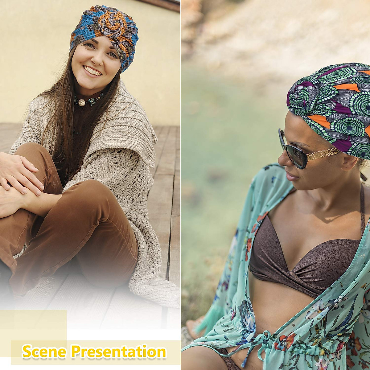 SATINIOR 6 Pieces Women African Turban Flower Knot Pre-Tied Bonnet Beanie Cap Headwrap (Blue Yellow Flower)