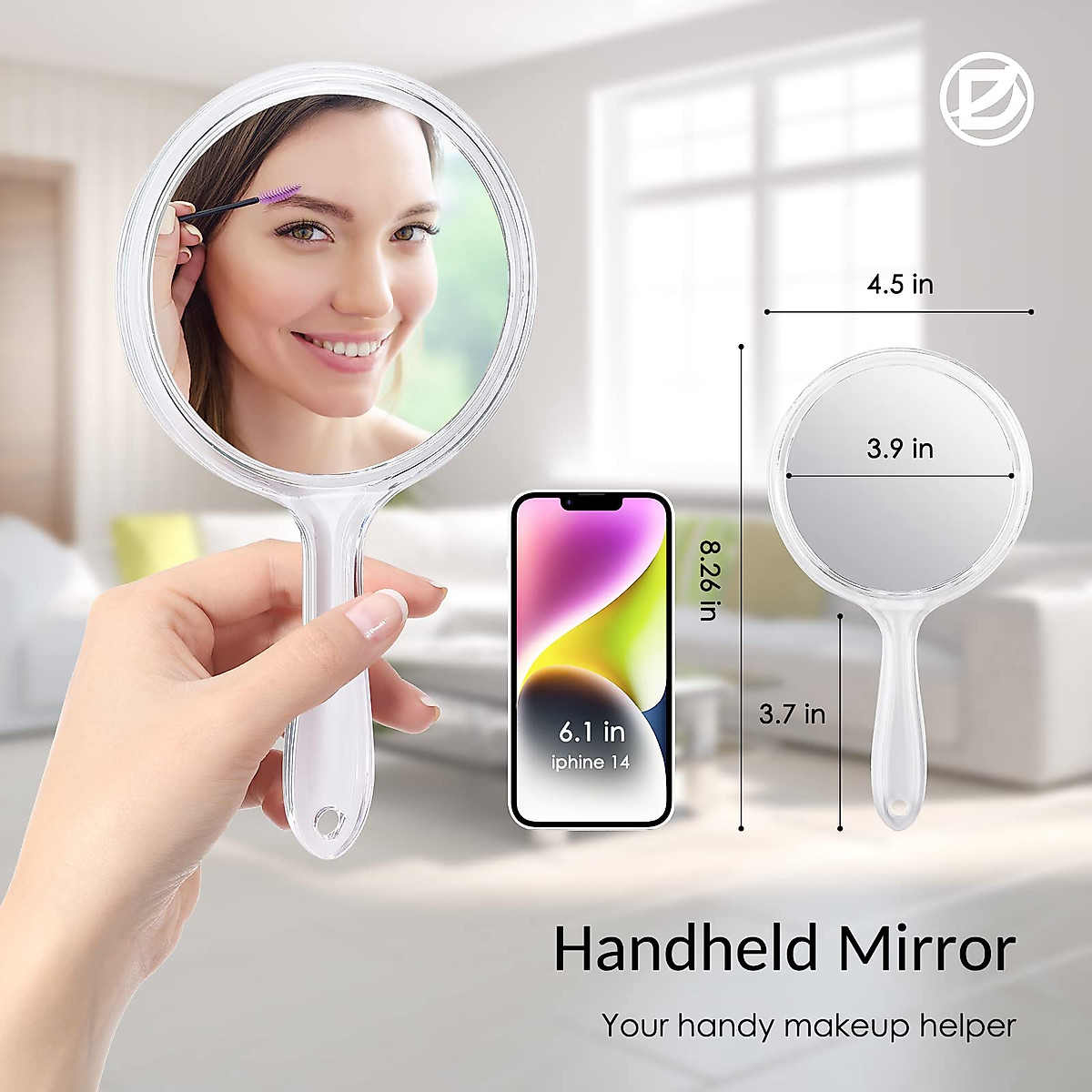 D Handheld Mirror with Handle, Hand Mirror Small Doule Sided Magnifying Mirror 1X 2X, Handle Makeup Mirror, Acrylic Handheld Mirror Rounded Shape, Transparent 1 PCS