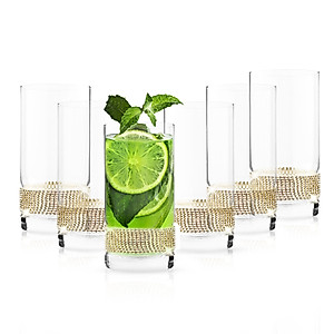 BERKWARE Luxurious Highball Glasses - Elegant Cocktail Glasses & Tom Collins Glasses with Rhinestone Design, 16oz (Set of 6)