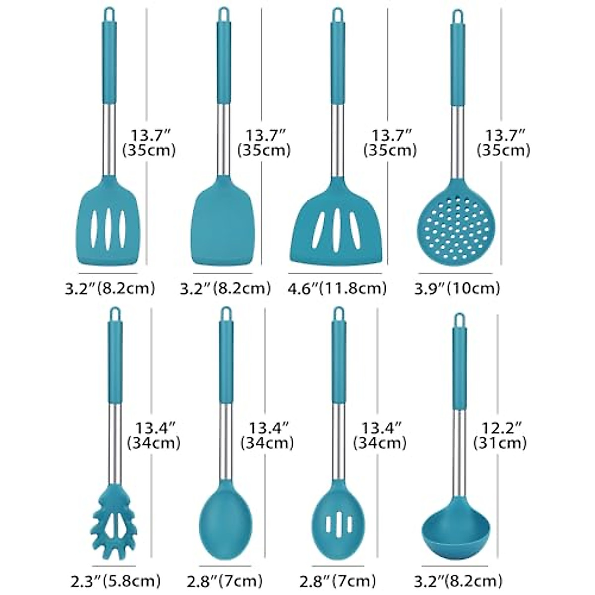 Silicone Cooking Utensil Set, 8Pcs Non-stick Cookware with Stainless Steel Handle, BPA Free Heat Resistant Kitchen Tools with Spatulas, Turners, Spoons, Skimmer and Pasta Fork