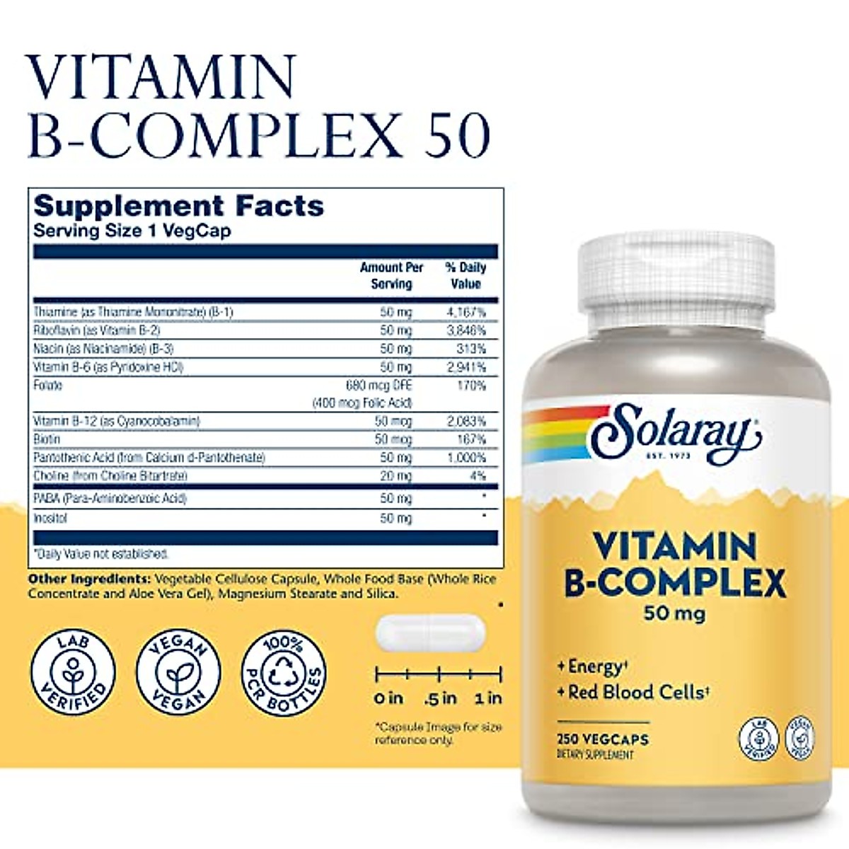 SOLARAY Vitamin B-Complex, Healthy Energy & Red Blood Cell Formation Support & More, 250 Servings, 250 VegCaps