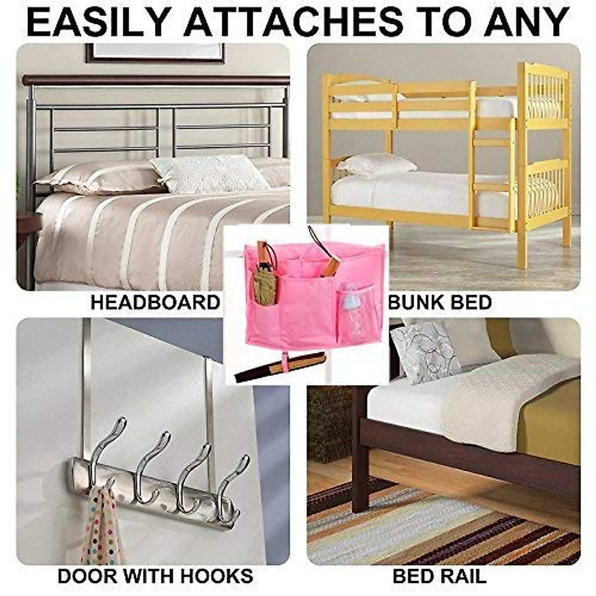 MoYag Bedside Storage Organizer, Bedside Caddy Hanging Storage Bag for Bunk and Hospital Beds, Dorm Rooms Bed Rails,Baby Bed,Baby Cart,Car Backrest with 8 Pockets(Pink)