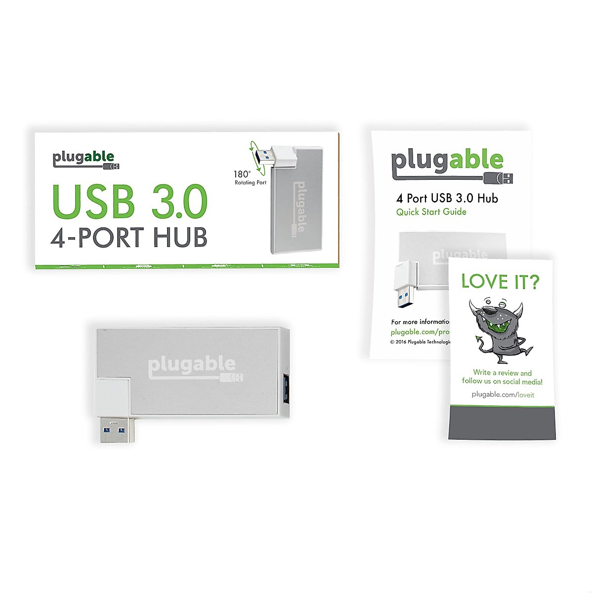 Plugable USB Hub, Rotating 4 Port USB 3.0 Hub, Driverless Powered USB Hub (Compatible with Windows, macOS & Linux, USB 2.0 Backwards Compatible)