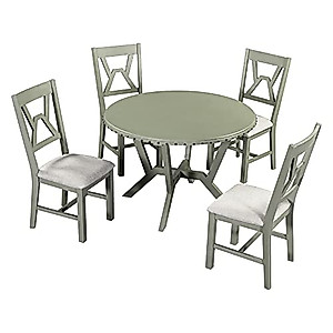 Voohek Kitchen Dining Set, 5-Piece Round Wood Table and Chair, Classic Family Furniture for Dinette, Compact Space, Green