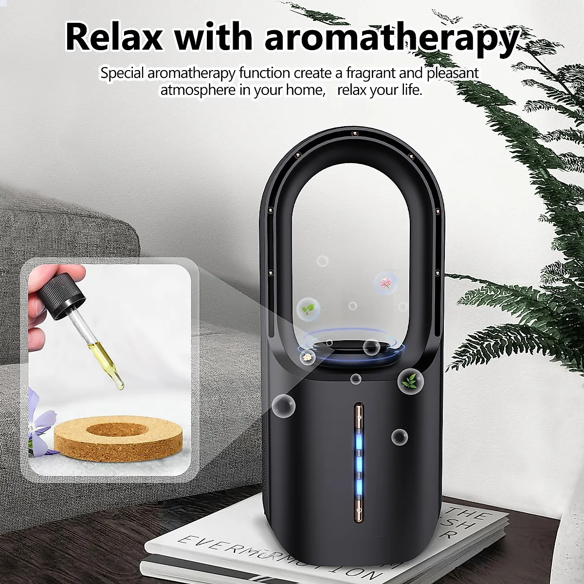 CONBOLA Desk Fan Portable, Aromatherapy Function, Battery Operated Lasting 17 Hours,11.8 Inch Tower Fan with 3speeds, Quiet Cooling,Standing Floor Fans for Office, Home, House (Black)