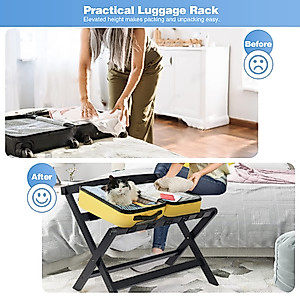 ALAPUR Bamboo Luggage Rack for Guest Room, Folding Luggage Holder with Storage Shelf , Suitcase Stand for Bedroom,Guest Room,Hotel，Black