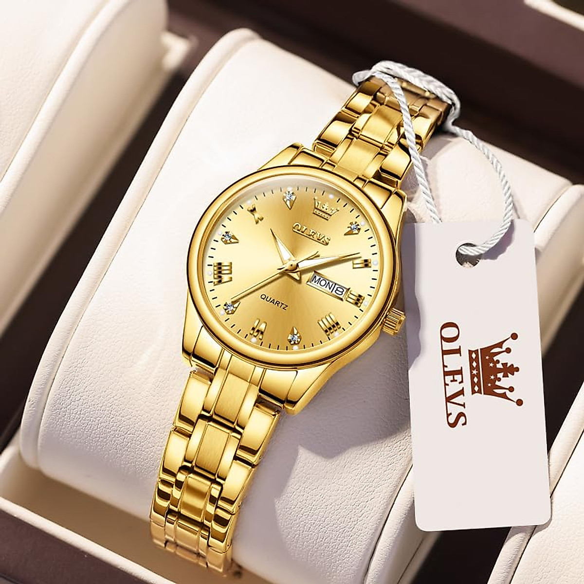 OLEVS Watch Women Gold Small Face Womens Watch Day Date Waterproof Dress Watch for Women Diamond Stainless Steel Women's Wrist Watch Dainty Casual Quartz Analog Ladies Watches Reloj para Mujer