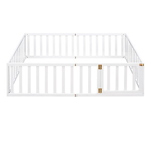 Harper & Bright Designs Full Size Floor Bed with Rails,Montessori Floor Bed Wood Frame with Fence and Door, for Kids Girls Boys (White)