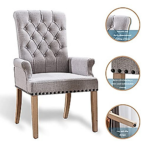 Restworld Fabric Arm Dining Chair,Tufted Upholstered High Back Nailed Trim with Untique Oak Wood Legs for Kitchen Restaurant Room Bedroom,Smoke Grey