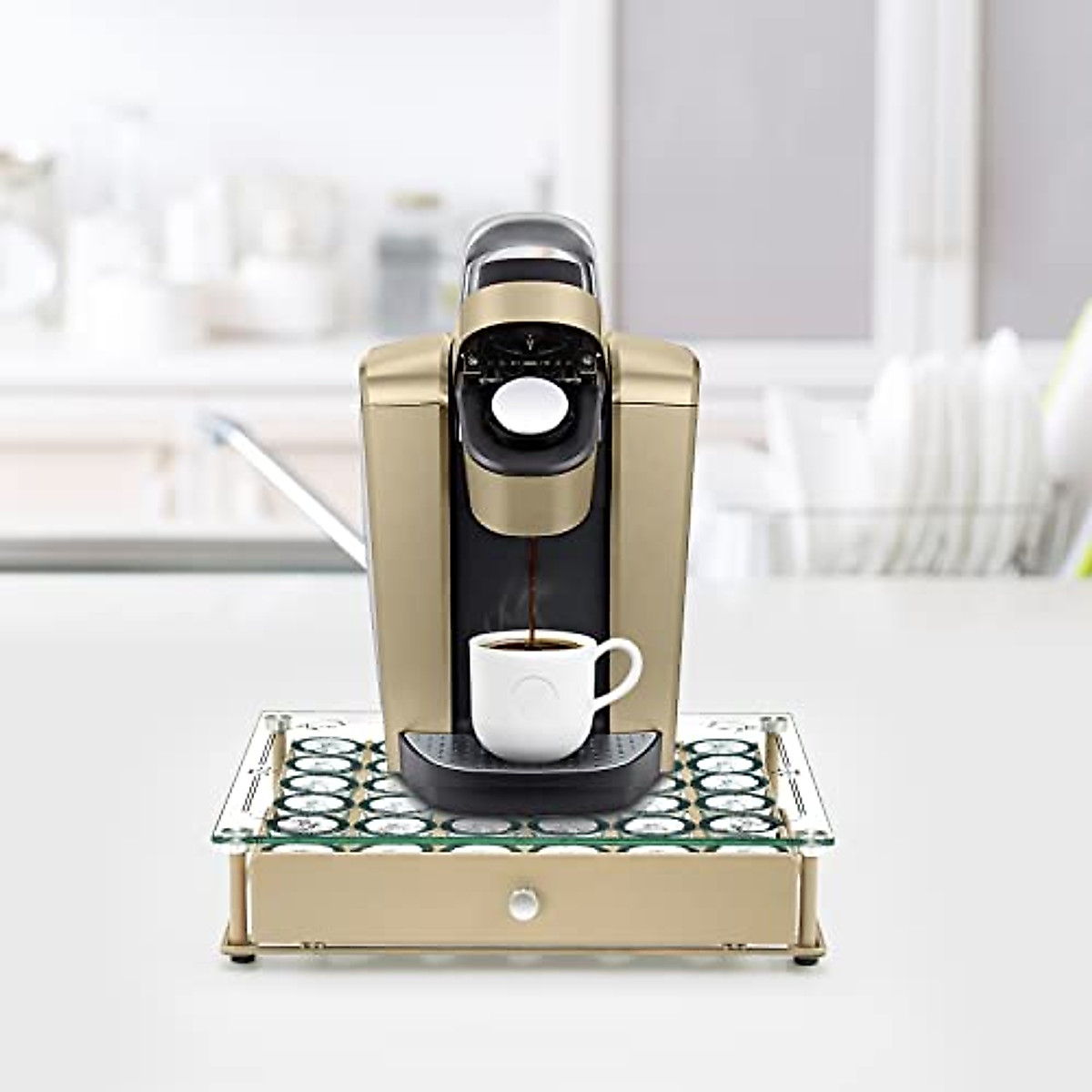 Coffee Pod Holder, Tempered Glass Top Coffee Pod Drawer Compatible with k cup Coffee Pods, Holds 36 Pods Coffee Pod Storage Drawer Organizer for Coffee Shop Office Kitchen Counter 14 × 13 × 3 in