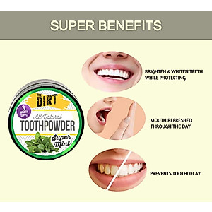 The Dirt - Remineralizing Tooth Powder, Natural Fluoride-Free Teeth Whitening Powder with Hydroxyapatite, Flouride & Gluten Free, Organic Vegan (Super Mint, 25g: 3 Month Supply)