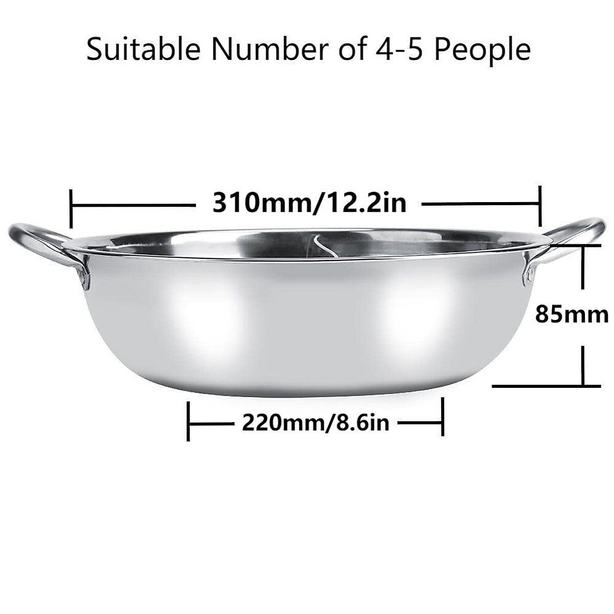 Stainless Steel Shabu Hot Pot, Divided Hot Pot Pan Hollow handle for Induction Cooker Gas Furnace Electric Furnace Ceramic Hob (34CM)