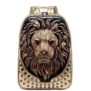 GUQIMEI Mens 3D Lion PU Emboss Rivet Punk Backpack Rock Personality Laptop Bag Creative Travel Leisure, Gold, One Size