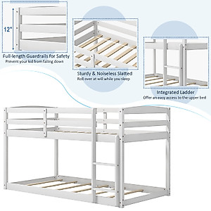 Giantex Twin Low Bunk Bed, Solid Wood Twin Over Twin Bunk Bed Frame with Full Guardrails & Integrated Ladder, Floor Twin Bunk Beds for Kids Boys and Girls, No Box Spring Needed, White