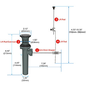 Bathroom Sink Drain with Overflow, Push and Seal Pop Up Drain Stopper Lift Rod, 2 Pack Bathroom Lavatory Vanity Vessel Drain Compatible with Moen, American Standard, Universal Drain Hole, Matte Black