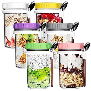 Overnight Oat Containers with Lids and Spoon 6 Set, 16OZ Large Capacity Glass Mason Jars, Glass Food Storage Containers for Milk, Cereal, Vegetable and Fruit Salad(6 PACK)