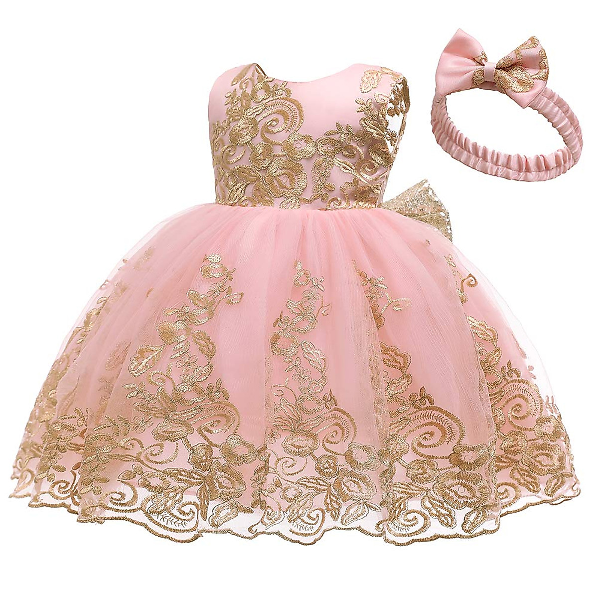 Baby Princess Girls Embroidery Dresses Toddler Lace Ruffles New Year Easter Tutu Dress with Headwear (Pink02,80)