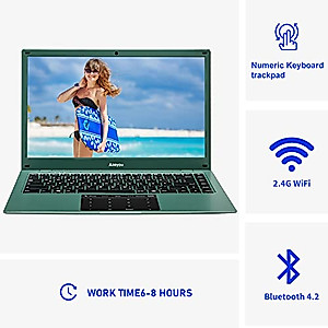 Azeyou Newest 14.1" Thin Light Business Student Laptop Computer, up to 2.8GHz Celeron N4020 Processor, 4GB DDR4 RAM, 64GB Storage, 2MP Webcam, WiFi, Bluetooth, Windows 11 Laptop Green