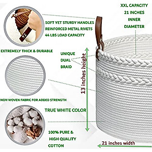 OTON HOME Dual Braided True White Farmhouse Basket - XX Large Woven Baskets for Storage - Big Baskets for Blankets in Living Room - Baby Toy Basket - Laundry Basket Woven - Nursery Storage Basket