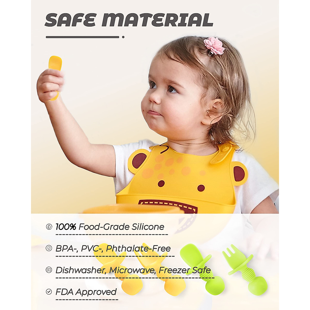 4 Pcs Baby Spoons Self Feeding 6 Months, Silicone Baby Spoons First Stage, Toddler Utensils for Baby Led Weaning with 2 Cases (Yellow, Green)