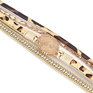 FANCY SHINY Leather Wrap Bracelet Boho Cuff Bracelets Crystal Bead Bracelet with Clasp Jewelry Gift for Women Teen Girls(7.7", Tan Leopard)