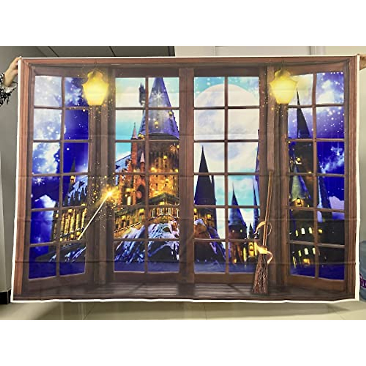 Magic Castle School Backdrop for Photography 7x5FT Window Night Full Moon Stars Glitter Wizard Halloween Photo Background Kids Birthday Party Decoration Banner Photo Booth Props (2.1mx1.5m)