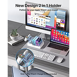 SooPii Premium 6-Port USB Charging Station Organizer for Multiple Devices, 6 Short Charging Cables and One Upgraded i-Watch Charger Holder Included, for Phones, Tablets, and Other Electronics, White