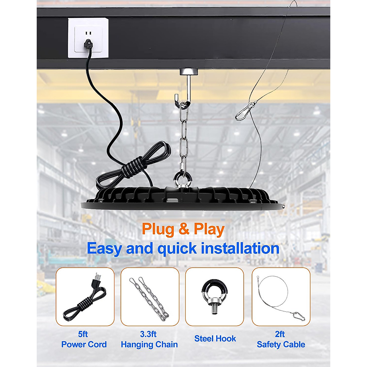 SHLUCE 2 Pack, 200W UFO LED High Bay Light, 6500K Daylight, High Bay LED Shop Lights for Workshop, Warehouse, Garage, 28000 LM, with US 5ft Cable Plug & Play, IP66 Waterproof Lighting Fixture
