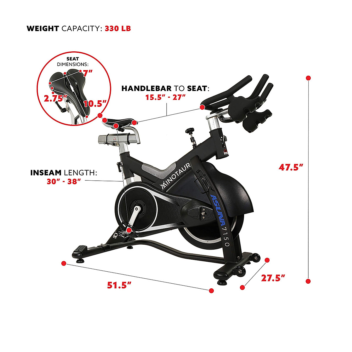 Sunny Health & Fitness ASUNA 7150 Minotaur Exercise Bike Magnetic Belt Drive Commercial Indoor Cycling Bike with 330 LB Max Weight, SPD Style/Cage Pedals and Aluminum Frame, Black