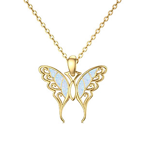 SISGEM 14K Real Gold Butterfly Necklace with Blue Opal for Women Teen Girls,Yellow Gold Butterfly Pendant Necklace Dainty Filigree Butterfly Jewelry Gifts for Birthday Christmas 16+1+1 inch, Gold,