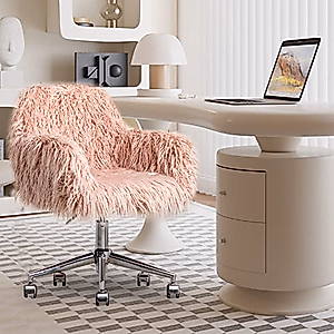 SSLine Desk Chair Faux Fur Task Chair,Modern Cute Accent Armchair Office Chair,Comfy Fuzzy Swivel Makeup Stool Desk Chair with Wheels for Living Room/Bedroom/Dressing Room,Pink