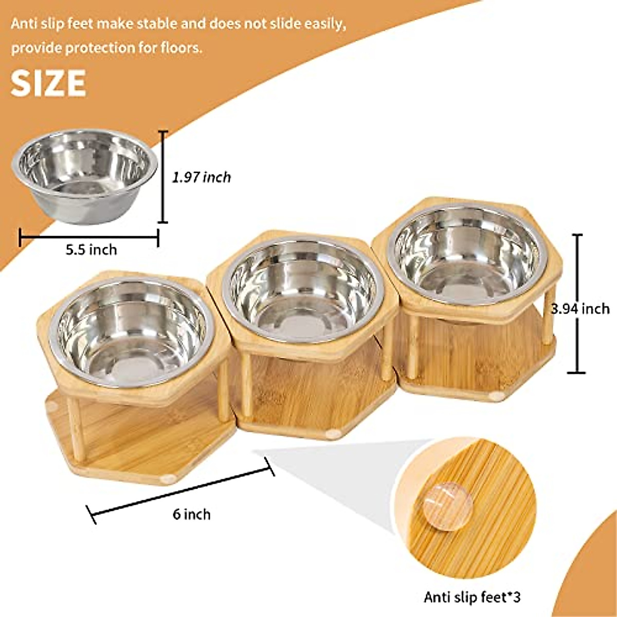 Lusifaco Set of 3 Single Elevated Cat Bowls, Stainless Steel Raised Cat Food Water Bowl with Bamboo Stand, Pet Dishes Stand Feeder with Anti Slip Feet for Cats and Small Dogs, 13 oz(Stainless Steel)