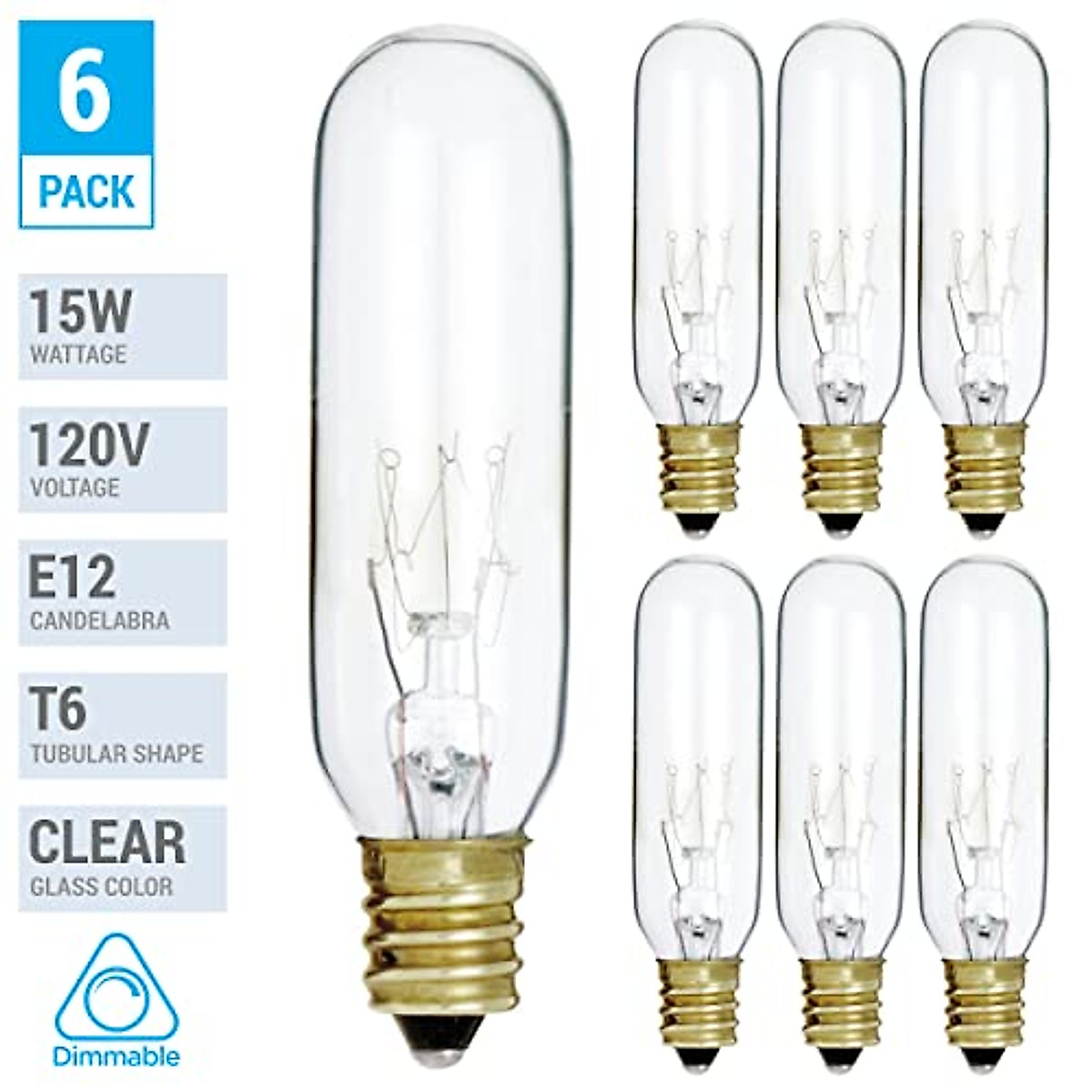 KOR (Pack of 6) 15T6/CL - 15 Watt T6 Clear Tubular - 120V - Candelabra (E12) Base - Incandescent Light Bulb