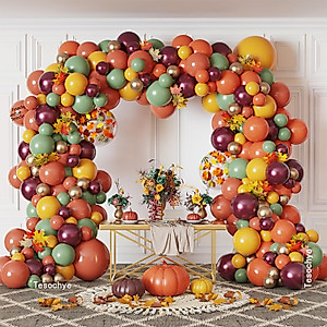 182 Pcs Fall Balloon Garland Arch Kit, Burnt Orange Wine Red Sage Green Mustard Yellow Metallic Gold Balloons Garland Kit for Thanksgiving Autumn Fall Birthday Baby Shower Party Decorations