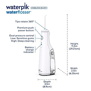 Waterpik Cordless Select Water Flosser, Portable and USB Rechargeable Waterproof Water Flosser for Home and Travel, Braces & Bridges Care for Teeth, ADA Accepted, White WF-10W10
