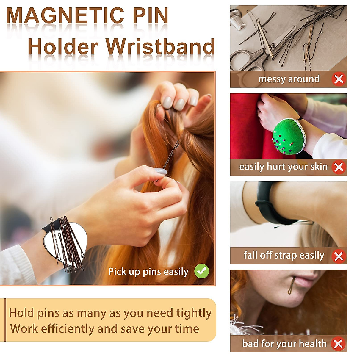 MORGLES Magnetic Wrist Pincushion - Sewing, Braiding & Hairstyling Accessory with Wristband, Gel Holder, and Combs