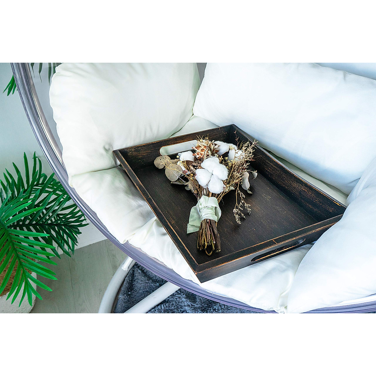 EZDC Wooden Tray, Coffee Table Tray, Ottoman Tray Dark Brown 16 x 12” Modern Aesthetic Decorative Serving Tray with Handles for Drinks and Food