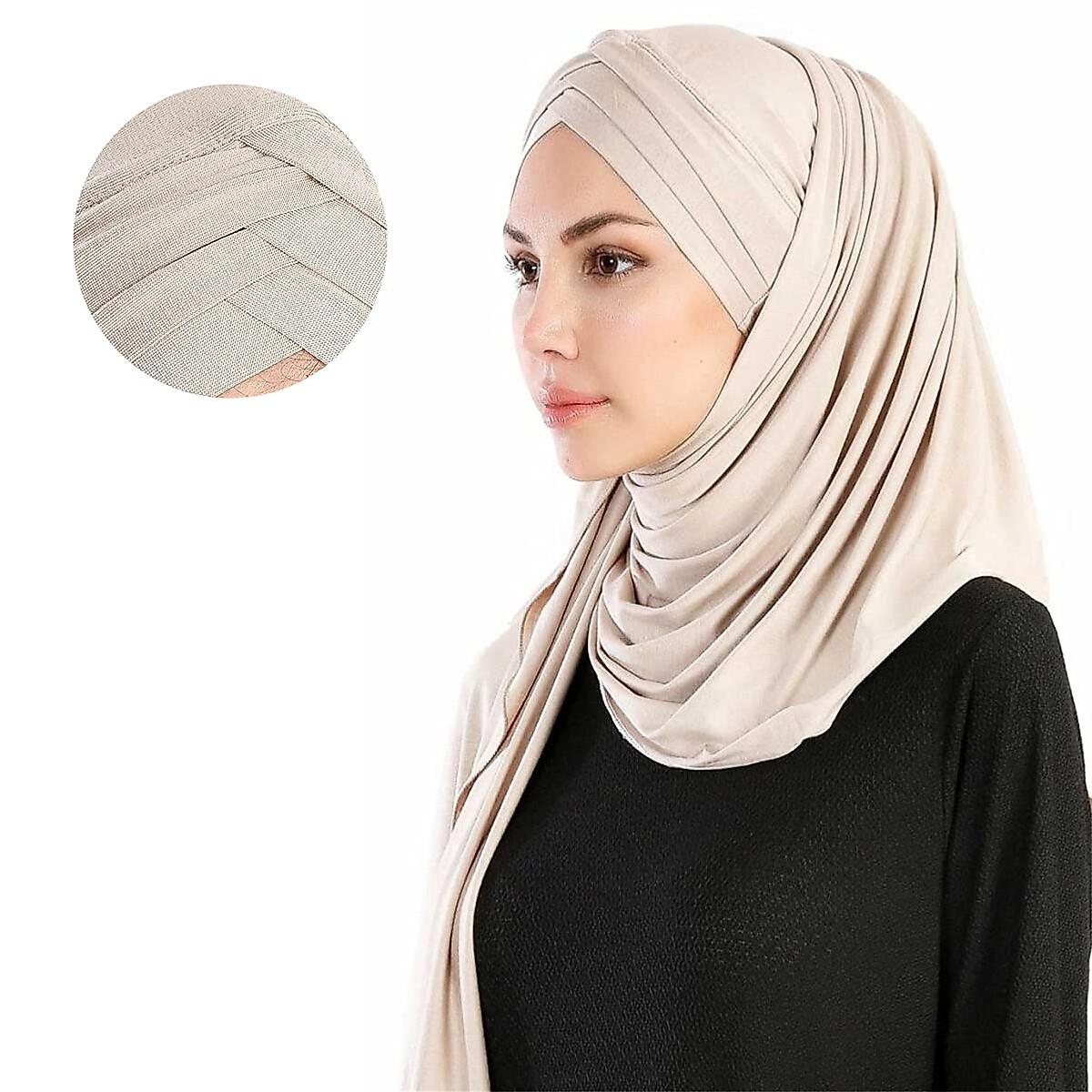 Rayiisuy Women 2PCS Set Jersey Hijab Lightweight Soft Solid Color Instant Hijab Shawls and Wraps Muslim Stretch Head Scarf (Beige,Grey) 55*180cm XYTJM