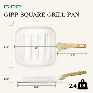 GiPP Nonstick Grill Pan for Stove Tops - 11 Inch Square Grilling Pan for Indoor Cooking & Outdoor Grilling, Non Stick Granite Grill Skillet Steak Pan, PFOA Free, White